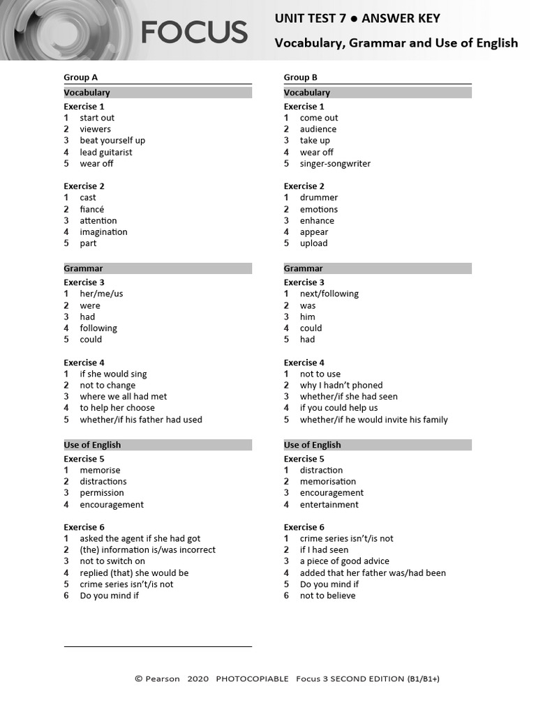 Focus3 2E Unit Test Vocabulary Grammar UoE Unit7 GroupA B ANSWERS | PDF ...