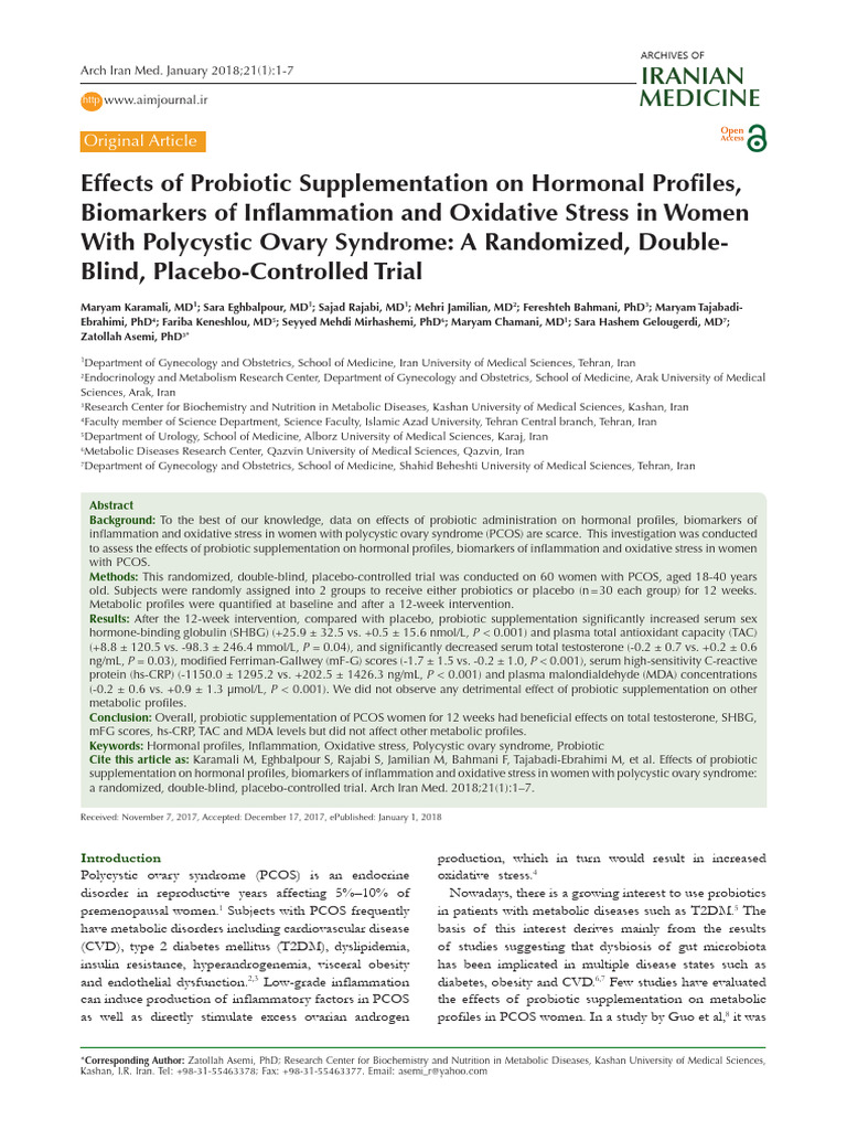 Probiotics Improve Hormonal Profiles in PCOS | PDF | Polycystic Ovary ...