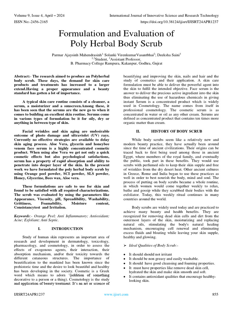 Formulation and Evaluation of Poly Herbal Body Scrub | PDF | Skin Care ...