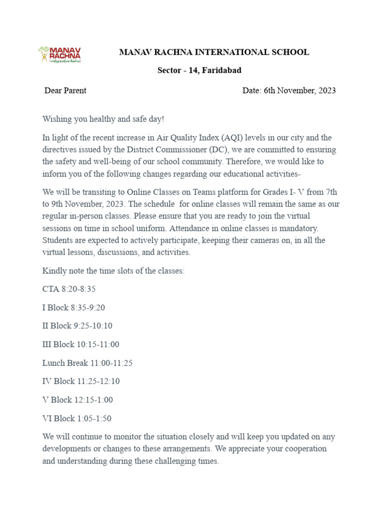Online Classes Announcement for Grades I-V | PDF