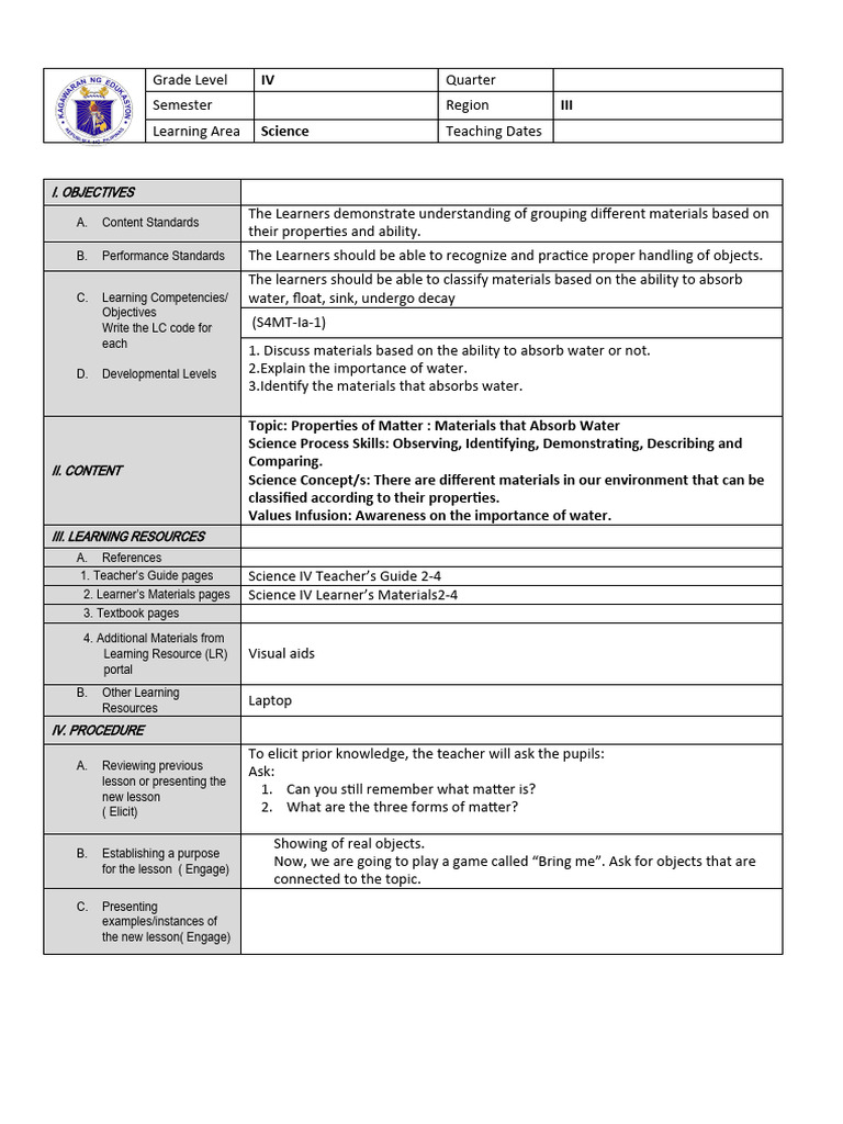 science DLP-template DepEd | PDF | Learning | Porosity