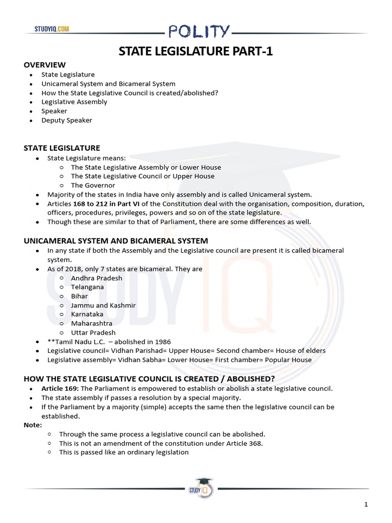 Indian State Legislature Basics | PDF | Speaker (Politics) | Forms Of ...