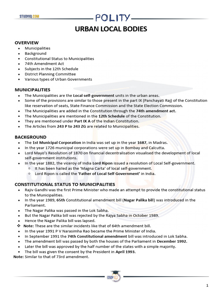 1.32 Urban Local Bodies | PDF | Government | Governance