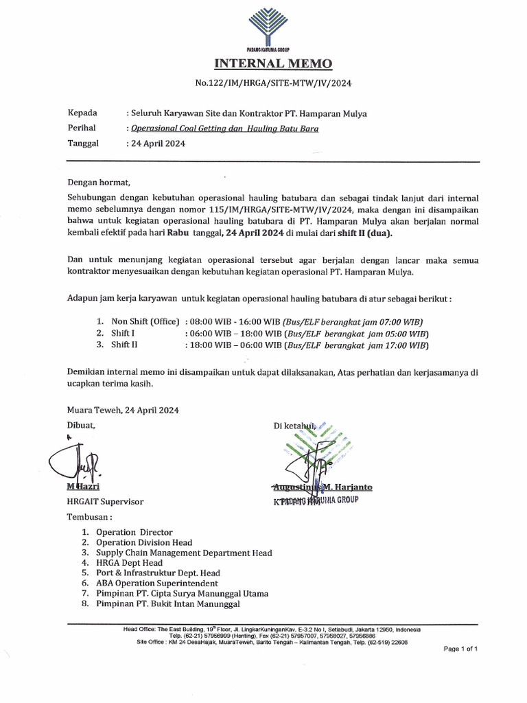 Internal Memo Operasional Hauling | PDF