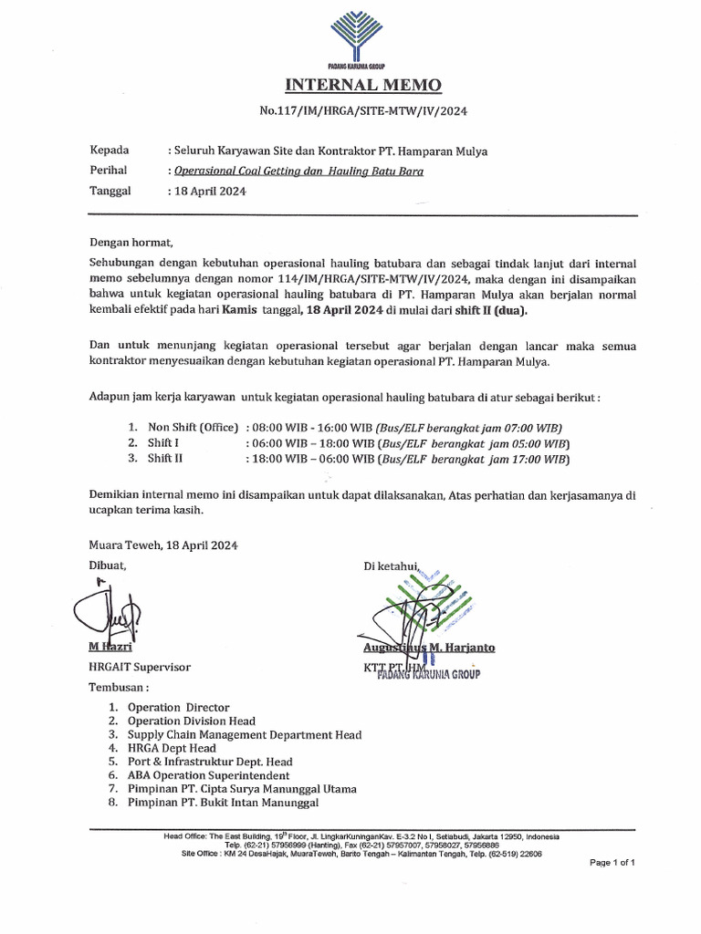 Internal Memo Operasional Hauling | PDF