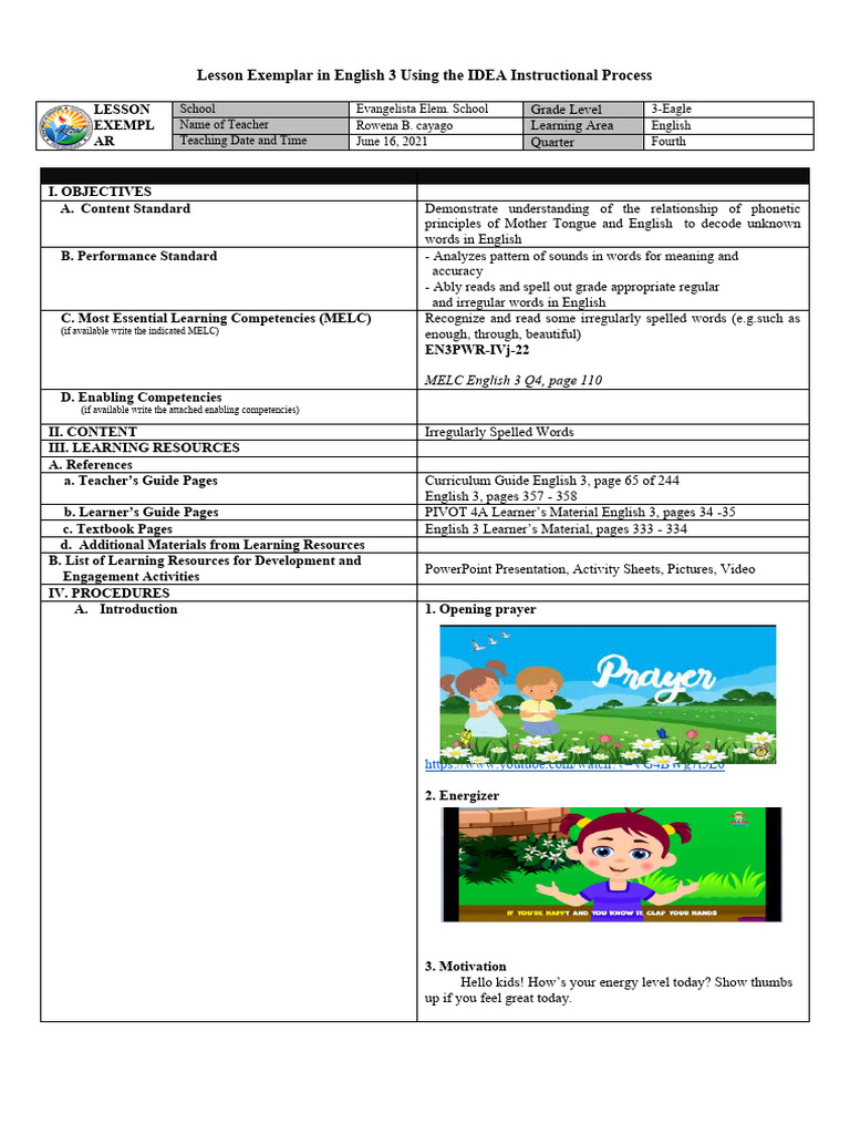 Lesson Exemplar in English 3 | PDF | English Language | Vowel