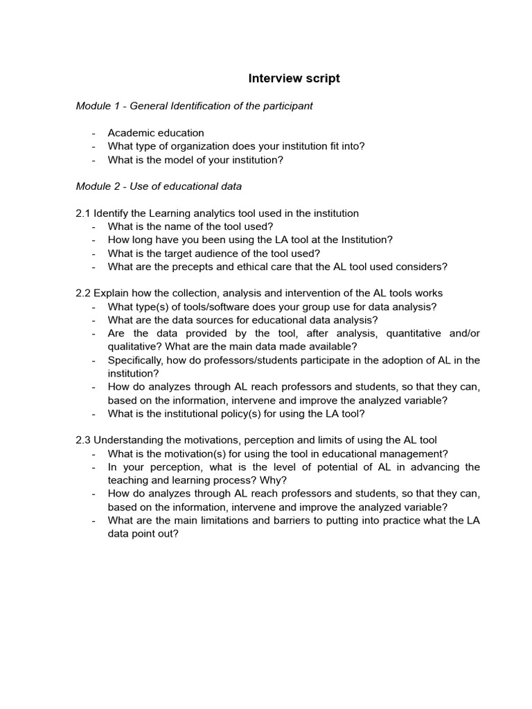 Questionário-Artigo - LA - PosDoc - English - Learning - Analytics - Tools - Interview - Script ...