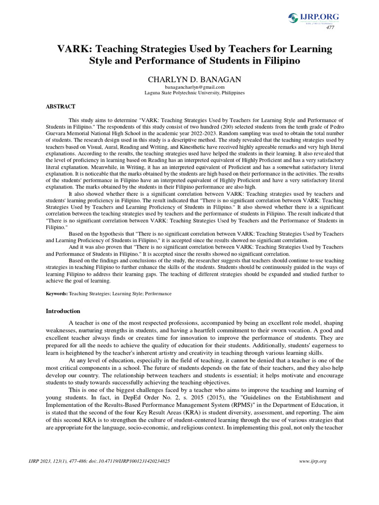 VARK: Teaching Strategies Used by Teachers For Learning Style and ...