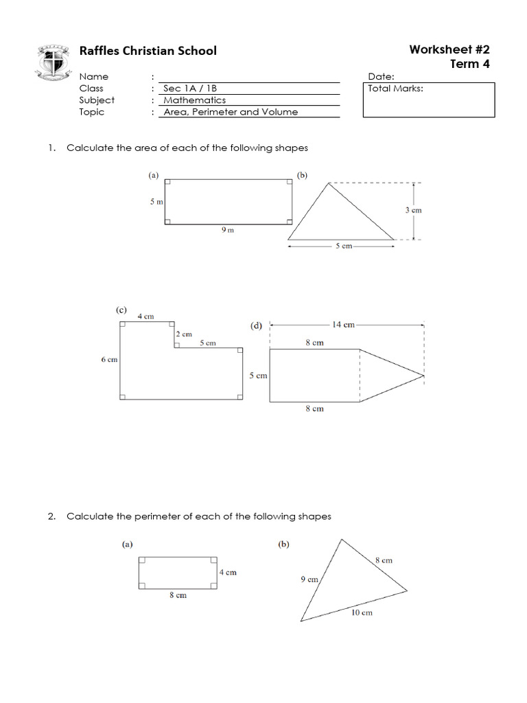 Worksheet 2 Term 4 SEC 1 (Area, Perimeter and Volume) | PDF