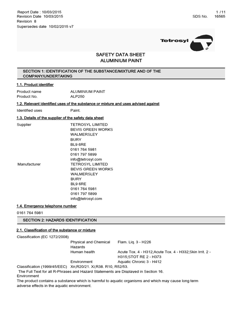 Aluminium Paint Msds | PDF | Combustion | Dangerous Goods