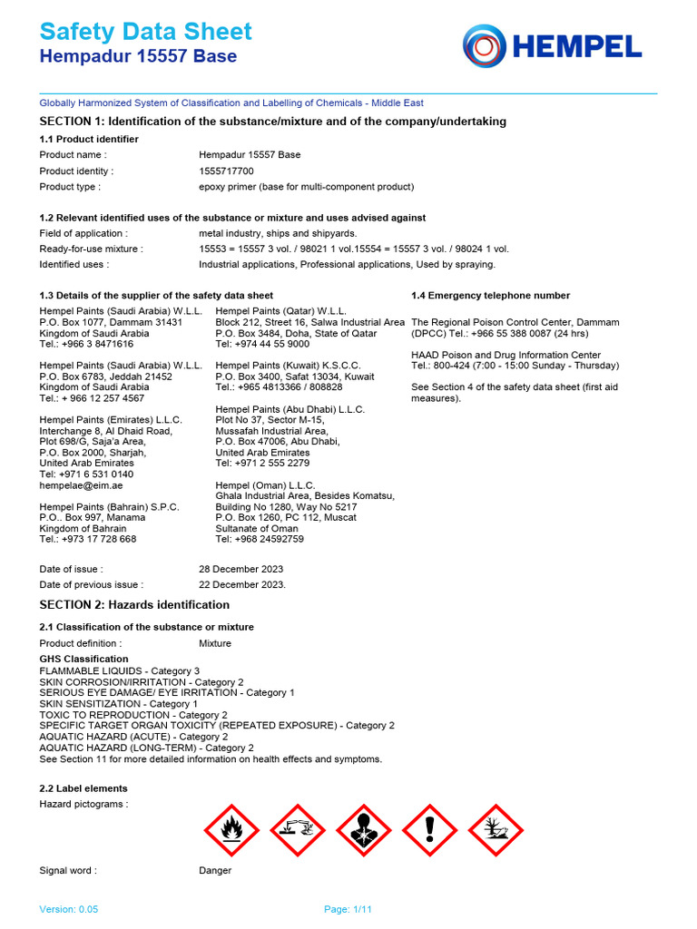 Hempadur 15557 Base Msds | PDF | Toxicity | Personal Protective Equipment