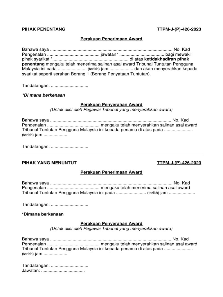 Surat Serahan Award TTPM-J - (P) - 426-2023 | PDF
