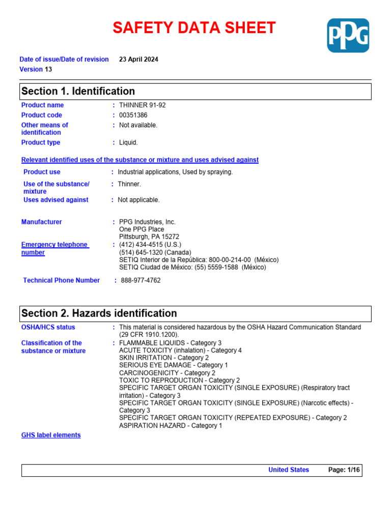 Thinner 91-92 MSDS | Download Free PDF | Occupational Safety And Health | Safety