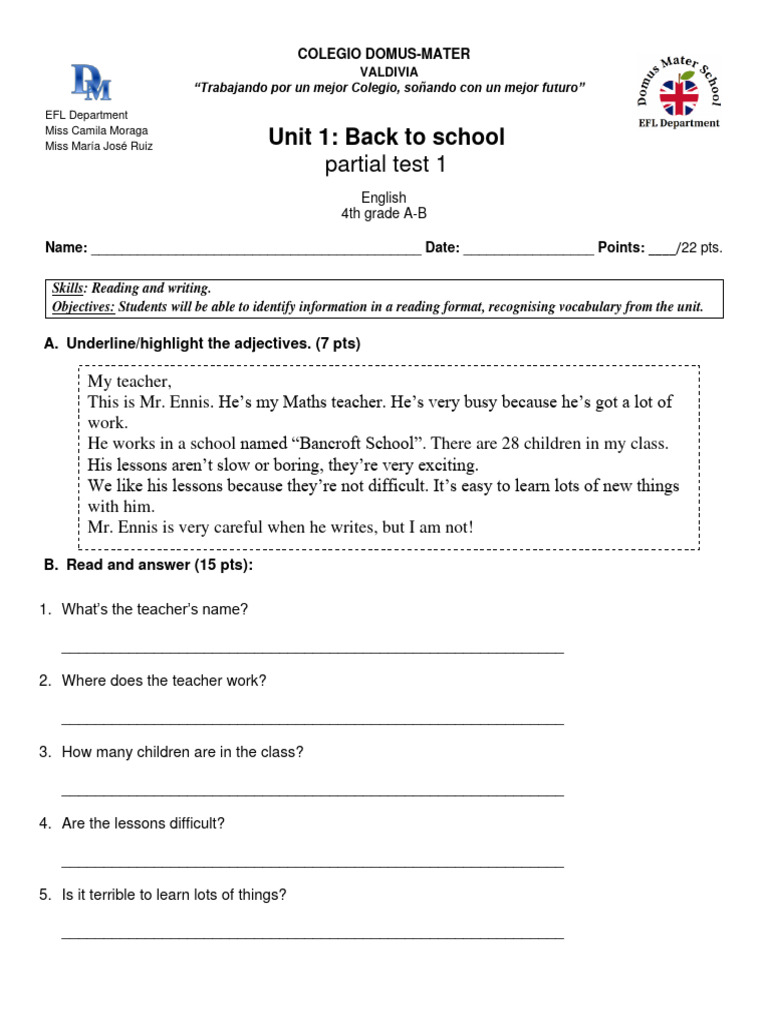 4th Grade Reading Test | PDF
