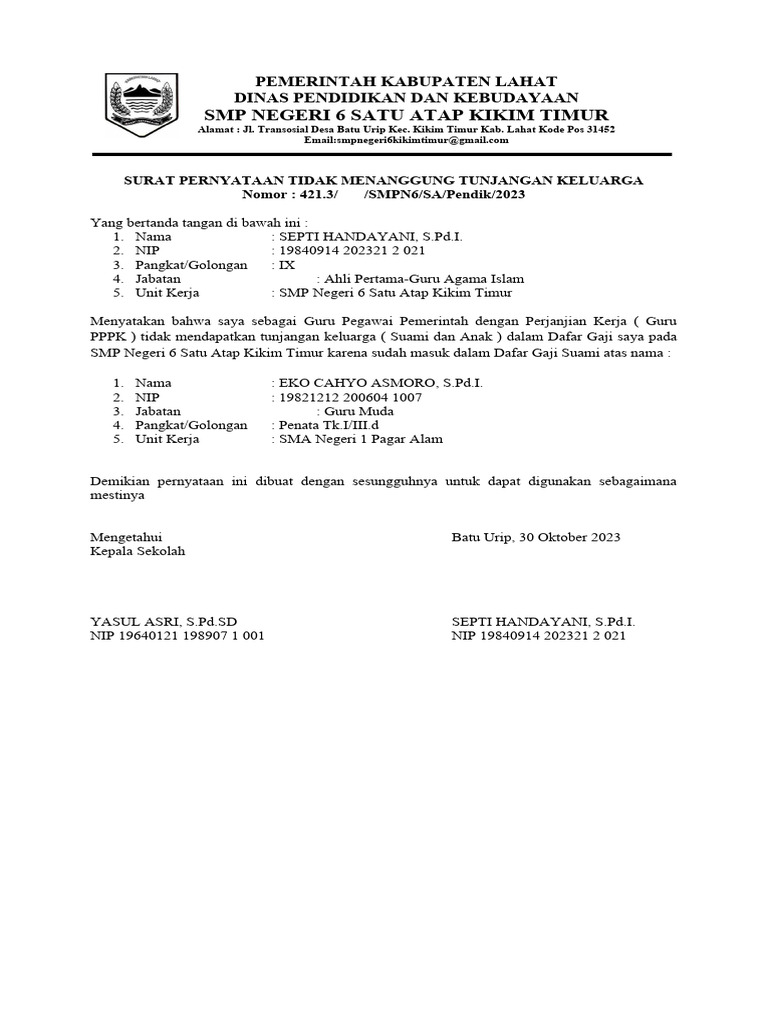 Surat Pernyataan Tunjangan Keluarga | PDF