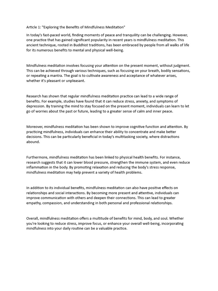 Benefits of Mindfulness Meditation | PDF