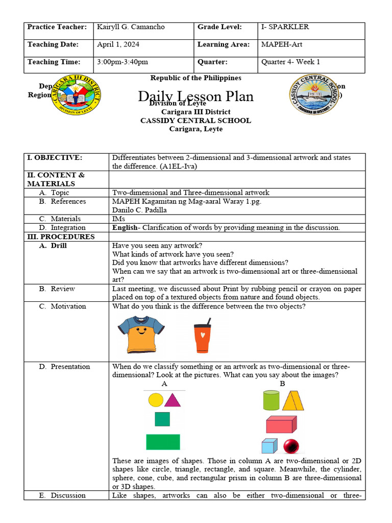 Mapeh Art 3 Quarter 4 Week 1 Pdf Shape Dimension