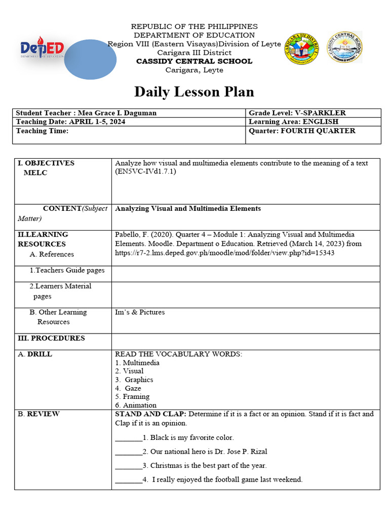 Grade 5 English Lesson Plan: Analyzing Visual & Multimedia Elements ...