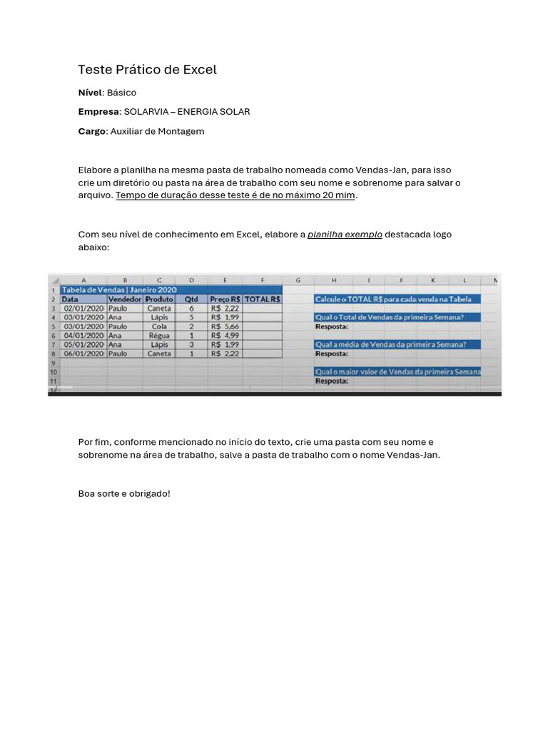 Teste Prático de Excel | PDF