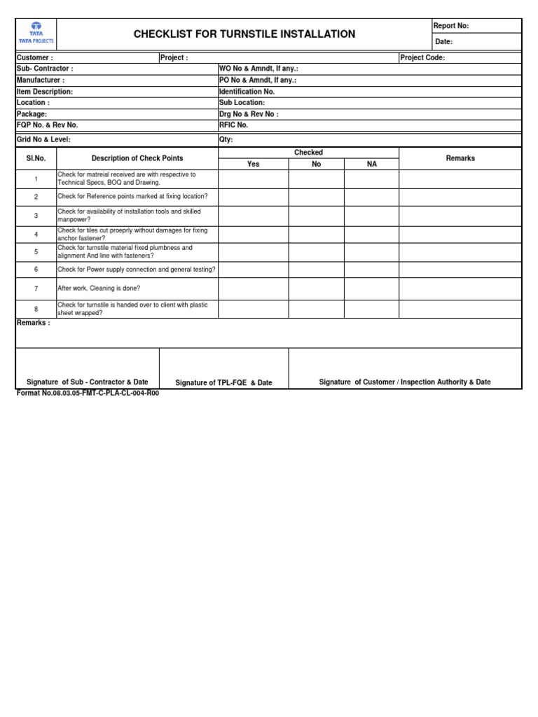 Checklist For Turnstile Fixing | PDF