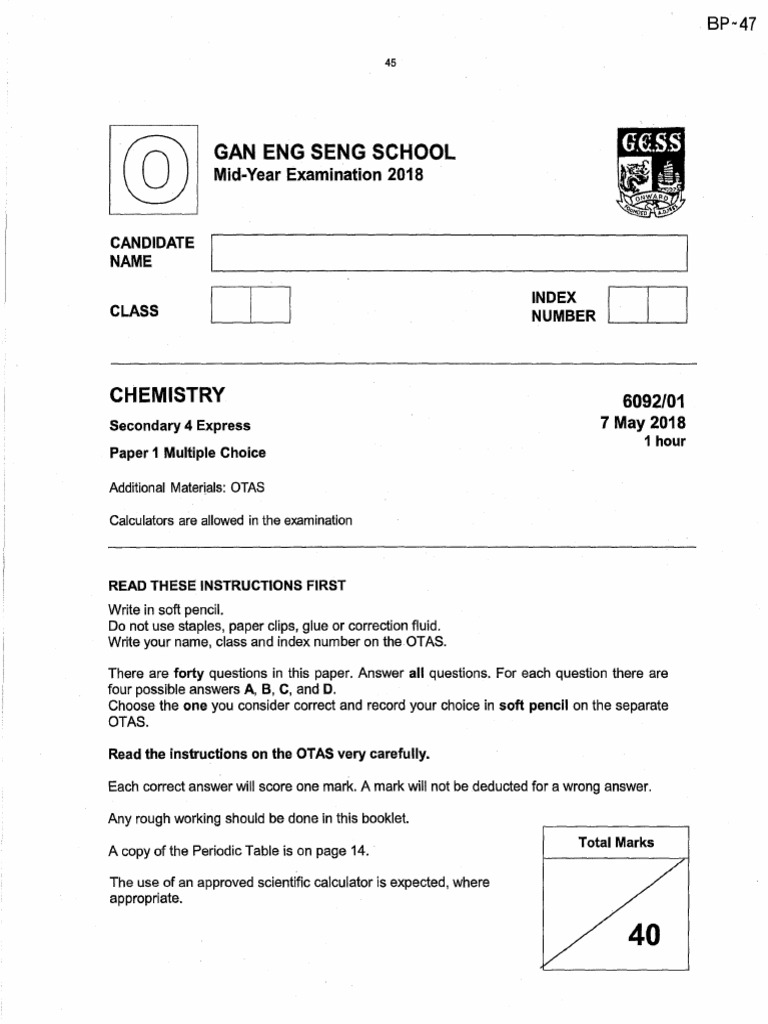 Sec 4 Chemistry SA1 2018 Gan Eng Seng | PDF