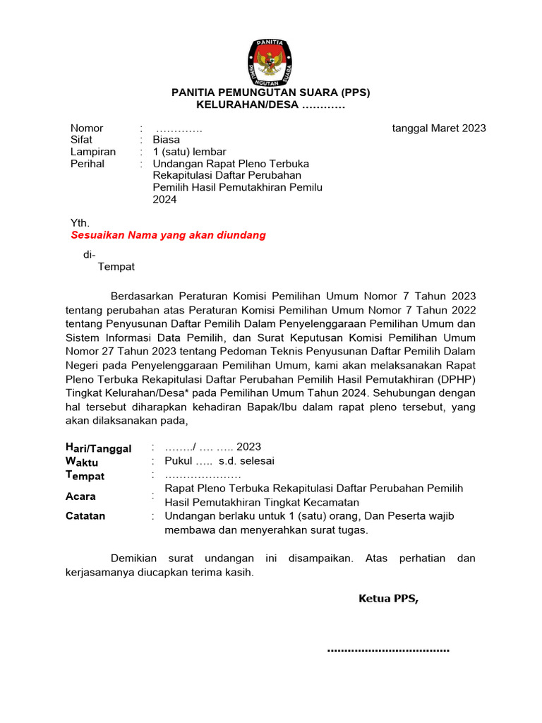 Undangan Rapat Pleno Pemilu 2024 | PDF