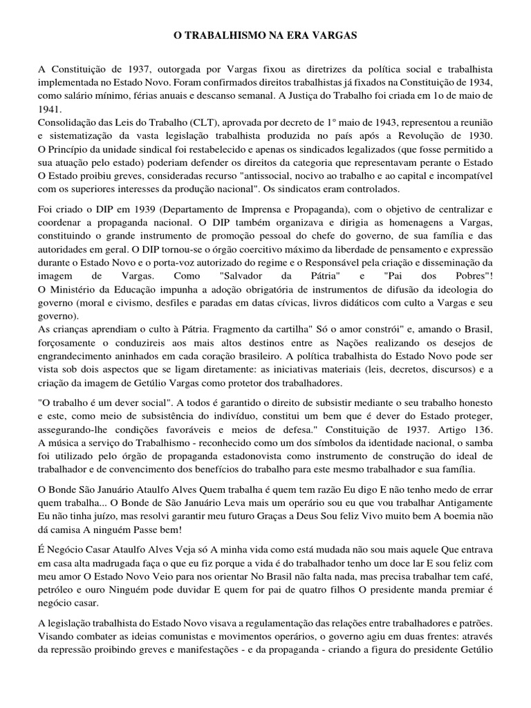 O Trabalhismo Na Era Vargas | PDF | Sindicato | Estado