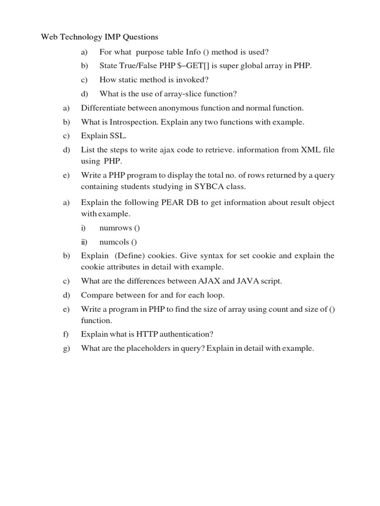 Web Technology IMP Questions | PDF | Method (Computer Programming) | Php Web Technology IMP Questions | PDF | Method (Computer Programming) | Php