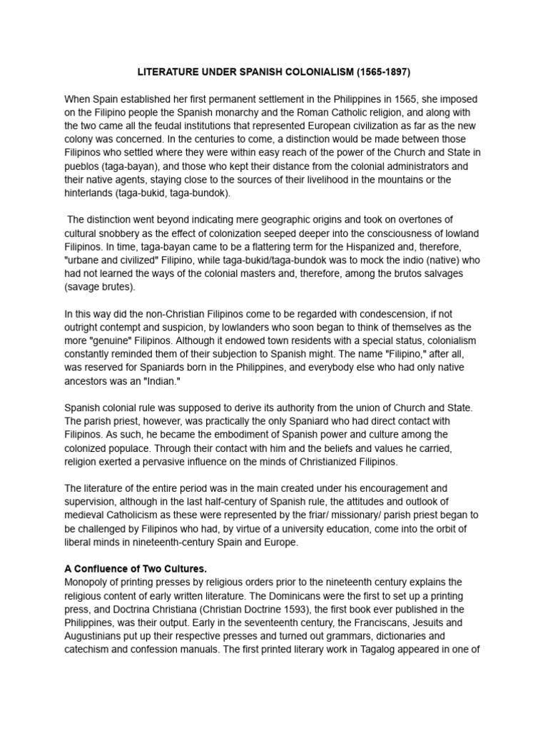 Literature Under Spanish Colonialism (1565-1897) | PDF