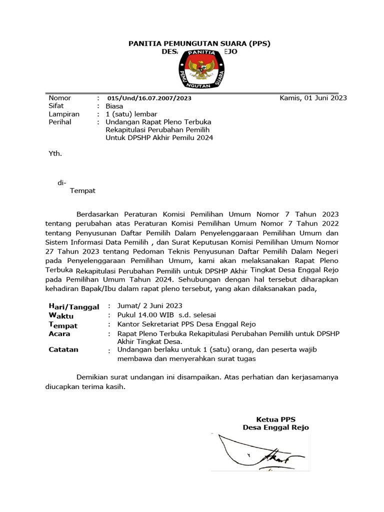 Draft Undangan DPHP PPS - PPK ER | PDF