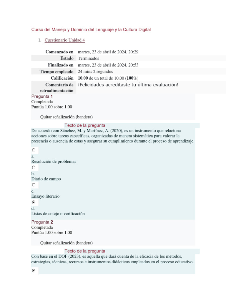 Unidad 4 Lenguaje y Cultura Digital | PDF | Evaluación | Conceptos psicologicos