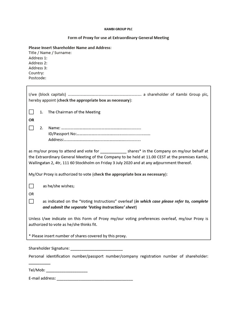 Kambi Group PLC EGM 2020 Proxy Form | PDF | Proxy Voting | Articles Of ...