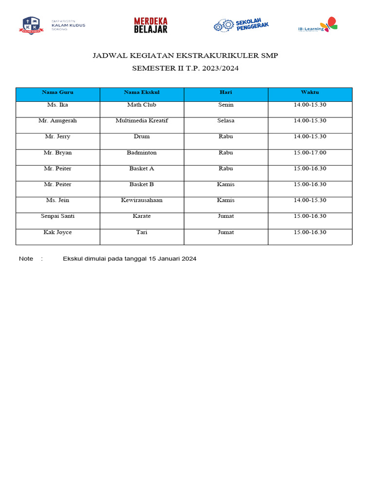 Jadwal Ekskul Semester II | PDF