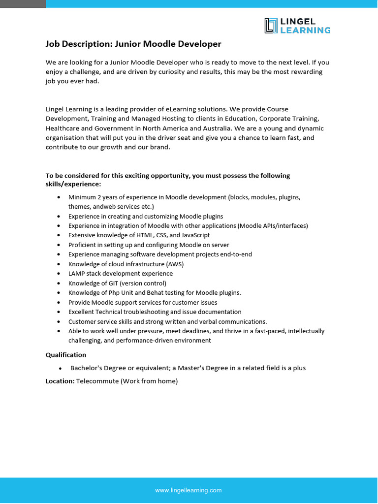 JD For Jr. Moodle Developer | PDF