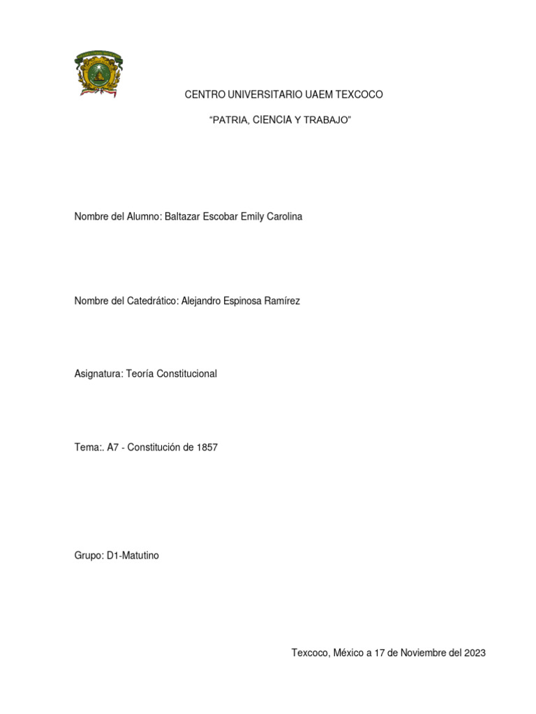 Baltazar Escobar Emily Carolina - A7 - Constitución de 1857 | PDF ...
