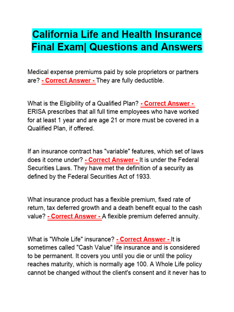 California Life and Health Insurance Final Exam | PDF | Cost Of Living ...