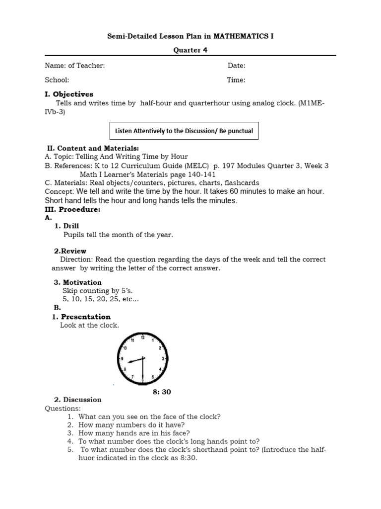 MATH Lesson Plan Q4 Week 4 | PDF | Lesson Plan | Clock