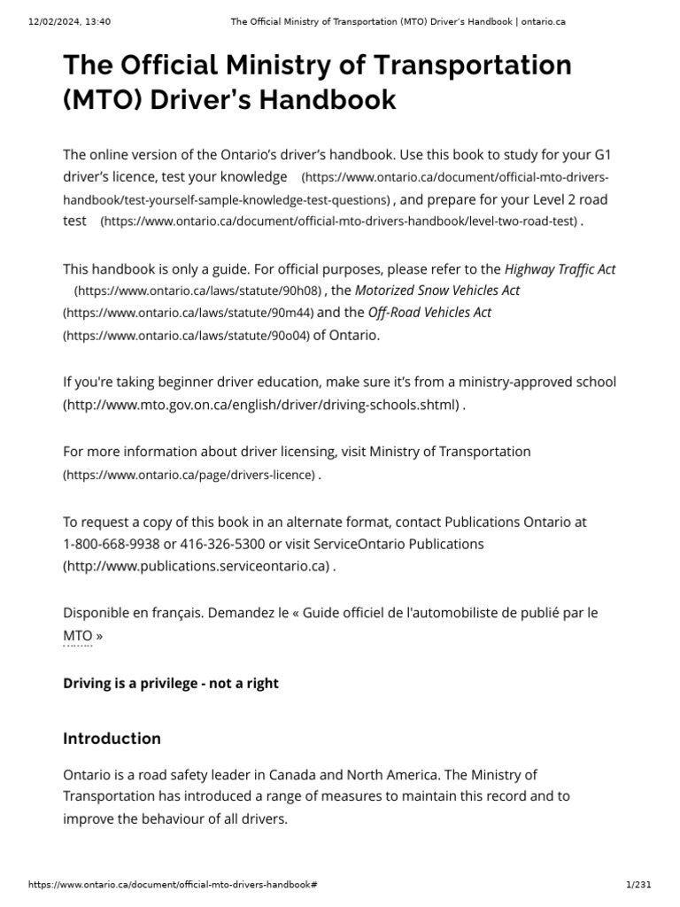 The Official Ministry of Transportation (MTO) Driver's Handbook - Ontario - Ca | PDF | Driving ...