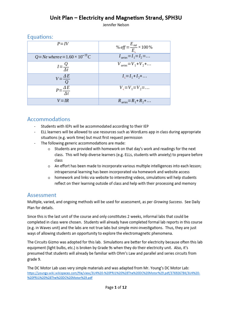 unit_plan_-_electricity_and_magnetism_final_v2 | PDF | Electromagnetic Induction | Electric Current
