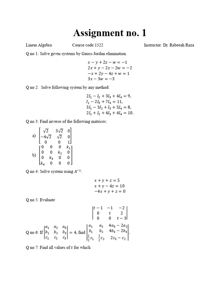Linear Algebra Assignment Solutions | PDF