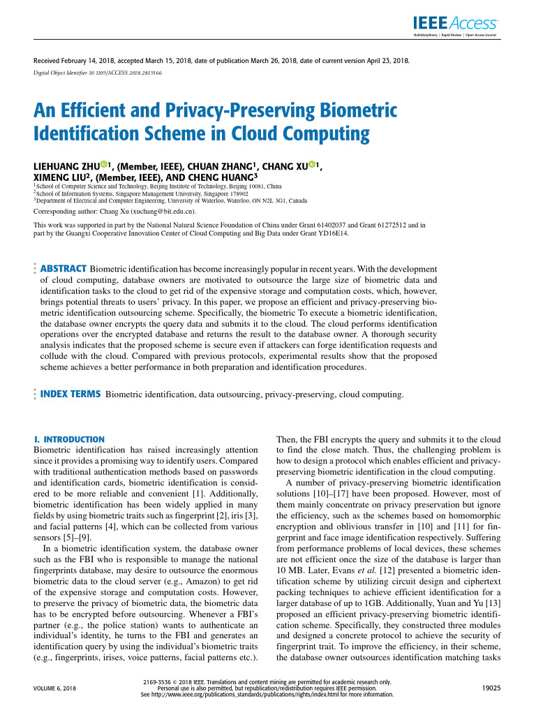 An Efficient and Privacy-Preserving Biometric Identification Scheme in Cloud Computing | PDF ...