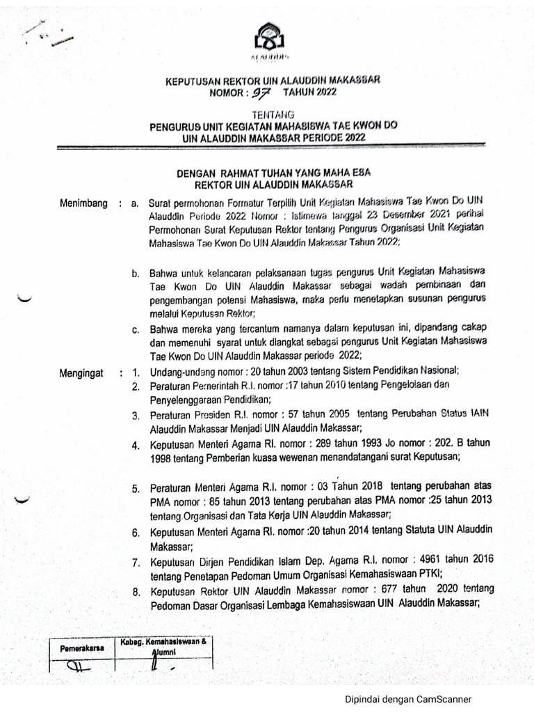 SK Pengurus UKM Taekwondo UIN Alauddin Makassar 2022 | PDF