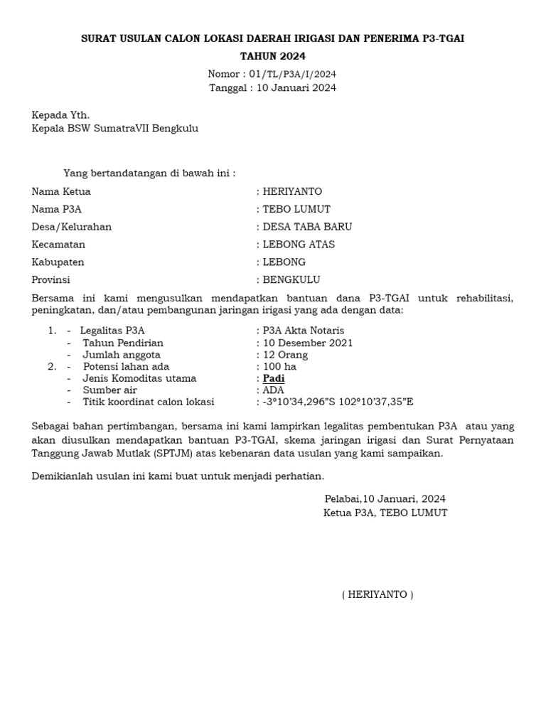 Surat Usulan Dan SPTJM P3-TGAI TA 2024 | PDF