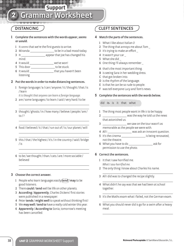 Achievers C1 Grammar Worksheet Support Unit 2 | PDF