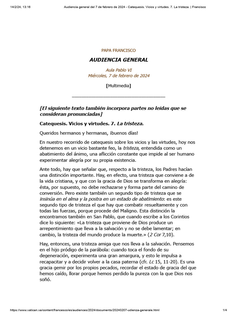 07-Catequesis. Vicios y virtudes 7 La tristeza -14-02-24 | PDF | La ...
