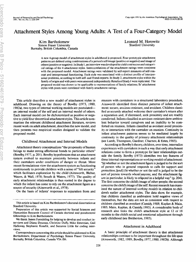 Attachment Styles Among Young Adults A Test of A Four Category Model ...
