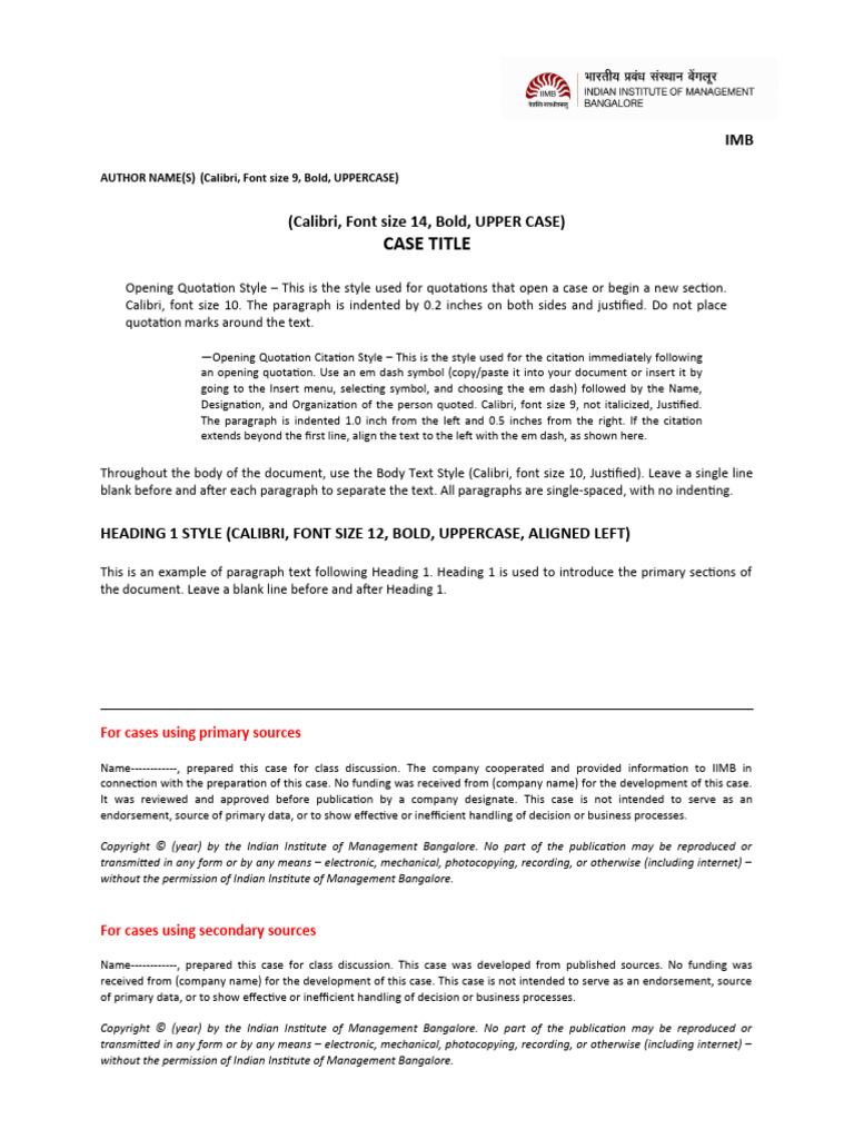 IIMB HBPE Teaching Case Template 2023 | PDF | Note (Typography ...