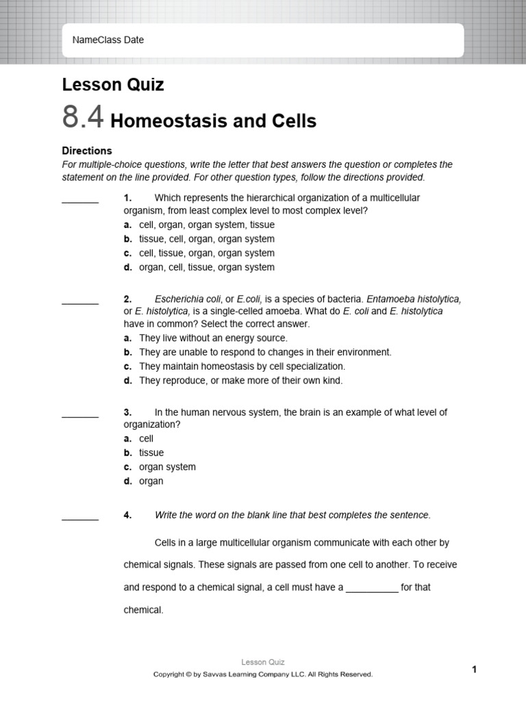 Homeostasis and Cellular Organization Quiz | PDF