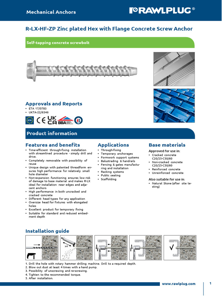 Rawlplug en R LX HF ZP Zinc Plated Hex With Flange Concrete Screw Anchor New | PDF | Screw | Drill