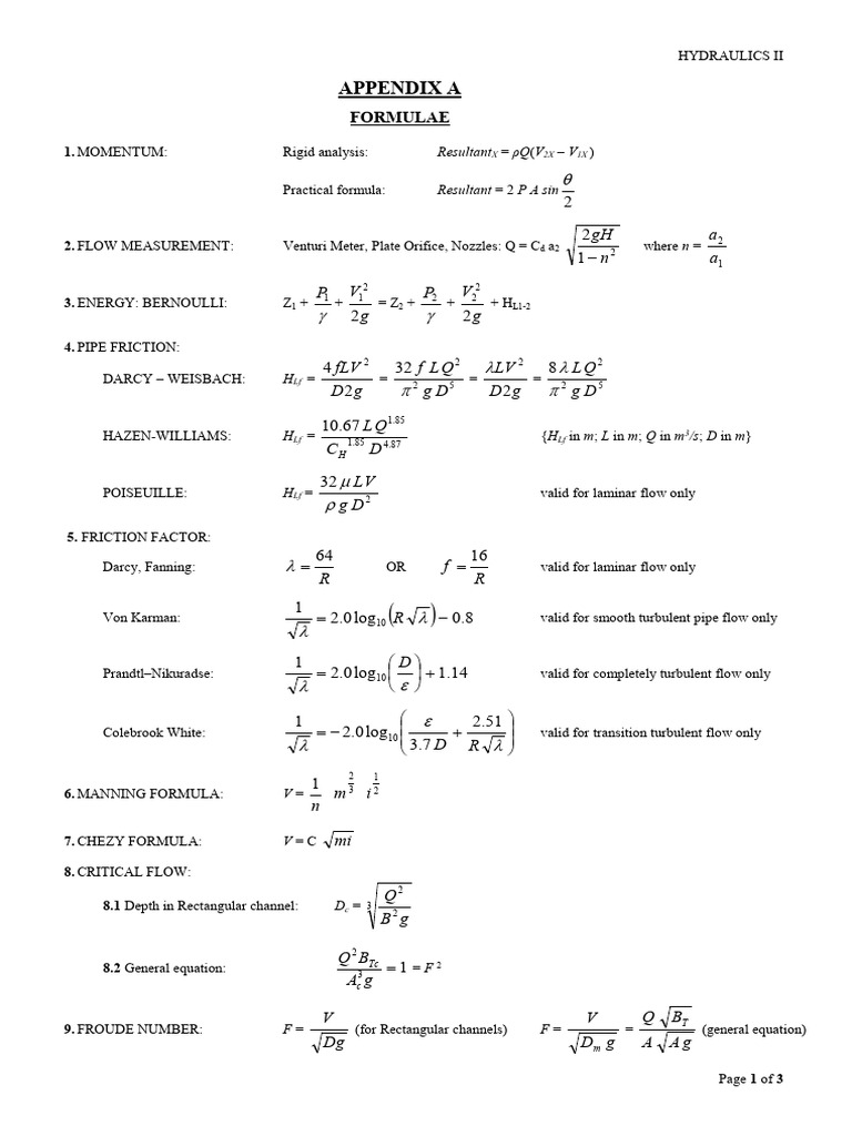APPENDIX a - Formulae (3pgs) | PDF | Applied And Interdisciplinary Physics | Fluid Dynamics